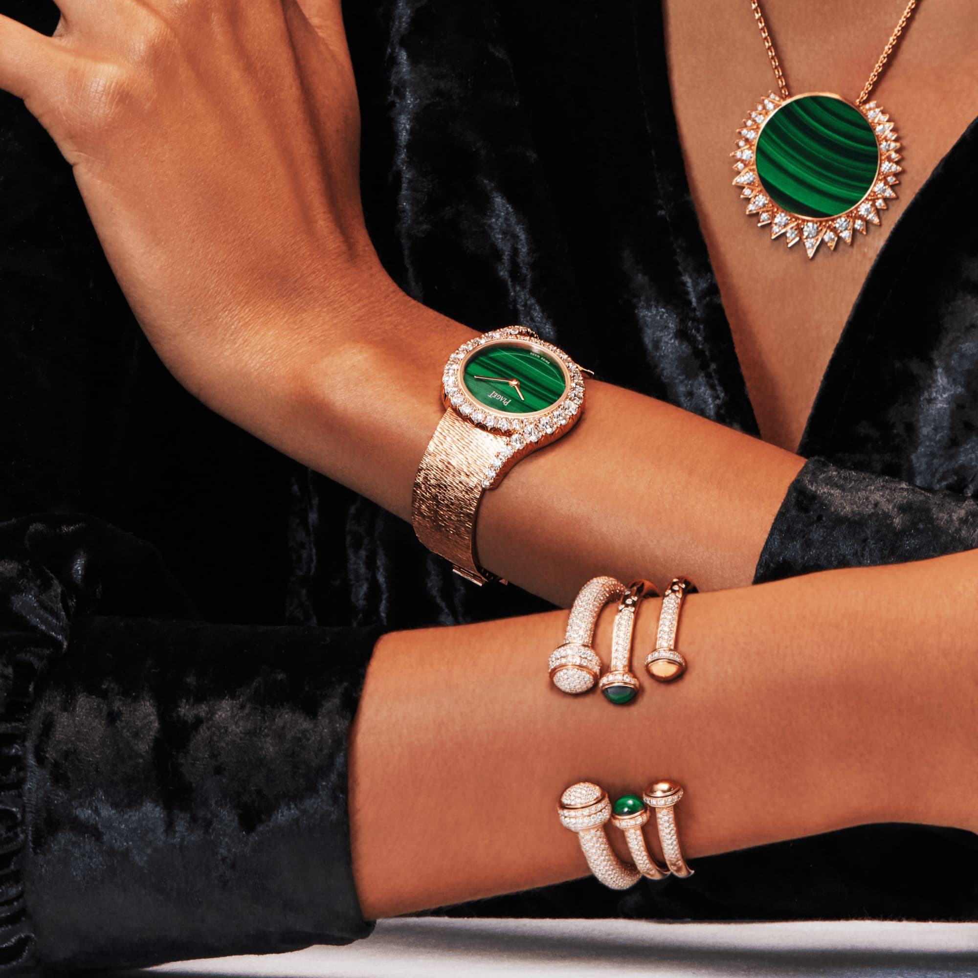 Rose gold Malachite Diamond open bangle bracelet - Piaget Luxury ...